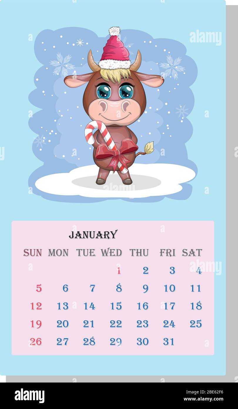 Calendar 2021. Cute bull and cow for every month Stock Vector Image ...