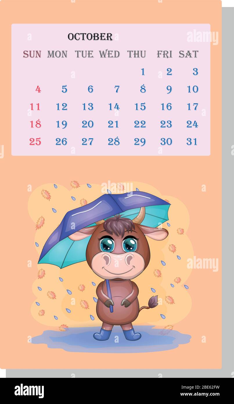 Calendar 2021. Cute bull and cow for every month Stock Vector Image ...