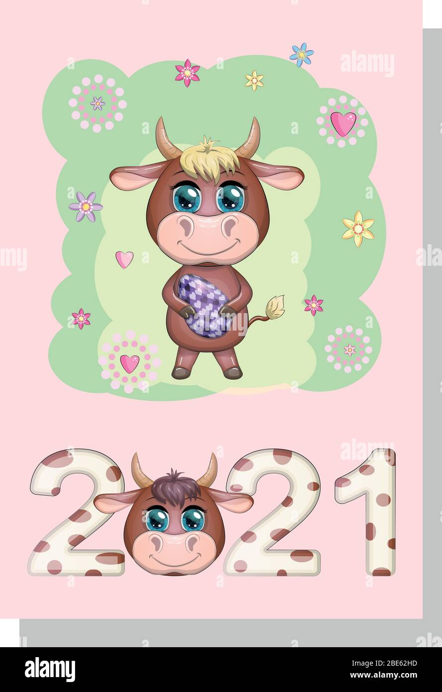 Calendar 2021. Cute bull and cow for every month Stock Vector Image ...