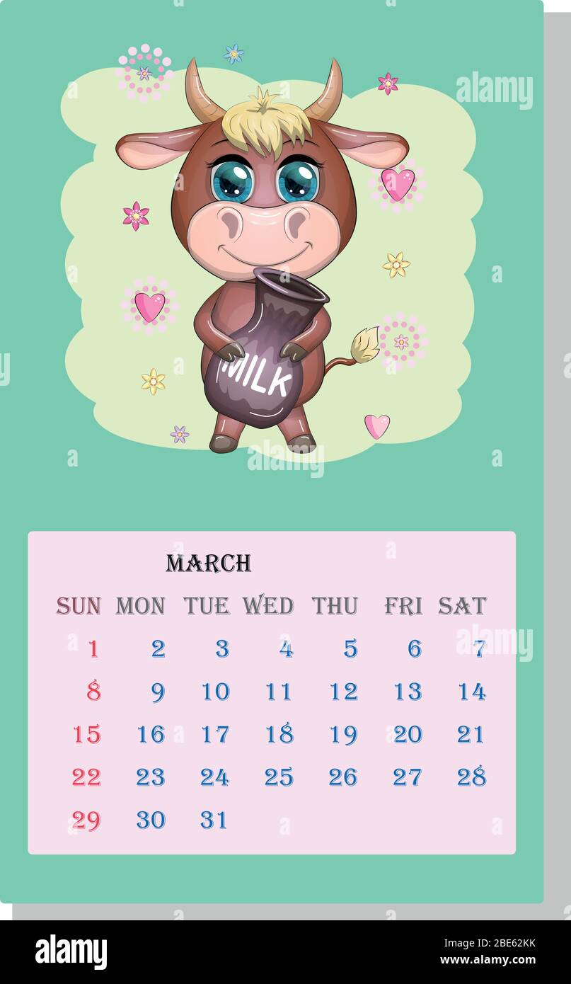 Calendar 2021. Cute bull and cow for every month Stock Vector Image ...