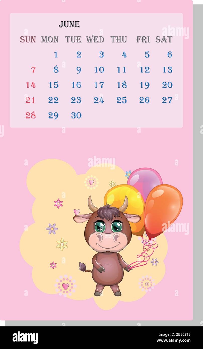 Calendar 2021. Cute bull and cow for every month Stock Vector Image ...