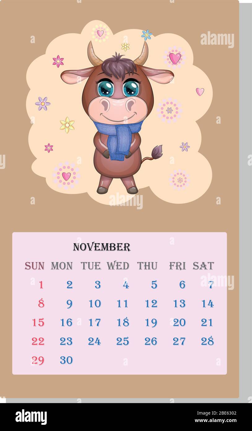 Calendar 2021. Cute bull and cow for every month Stock Vector Image ...