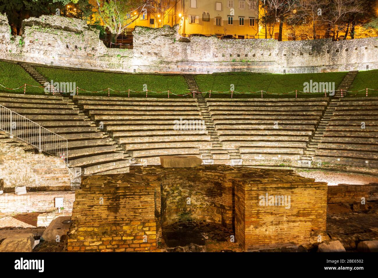 ancient Roman theatre ruins illuminated by night in Trieste, Italy ...