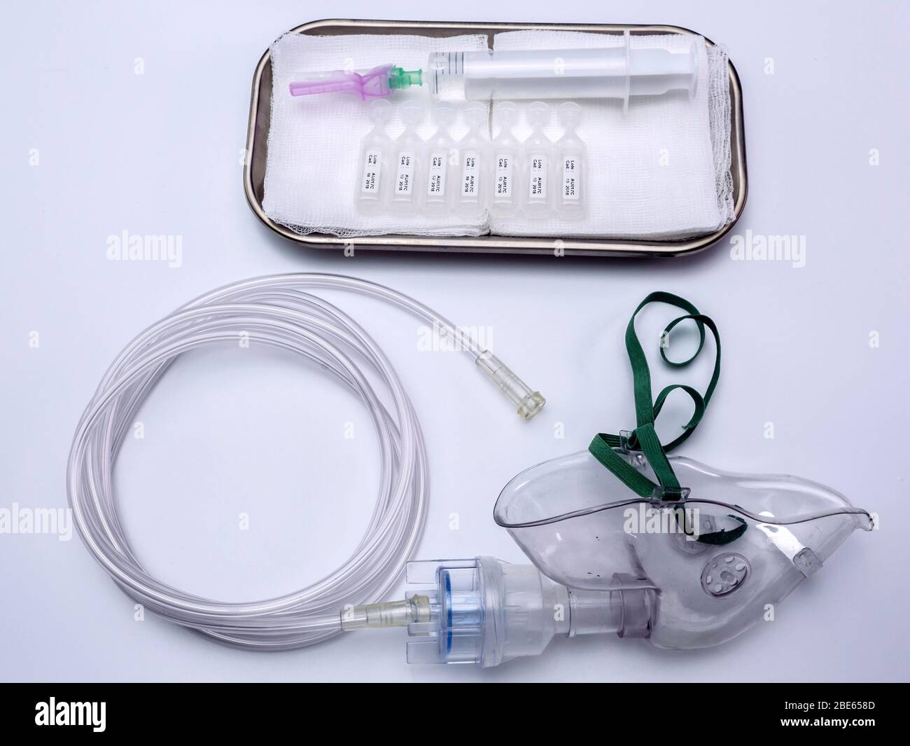 Oxygen mask and nebulizers ready to apply, concept image Stock Photo ...