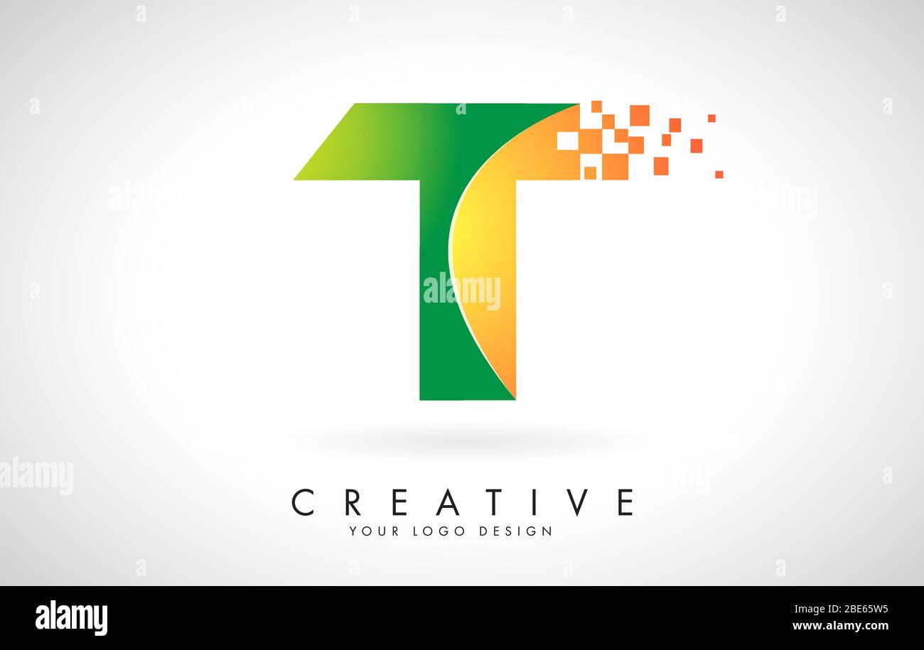 Letter T Logo Design in Bright Colors with Shattered Small blocks on ...