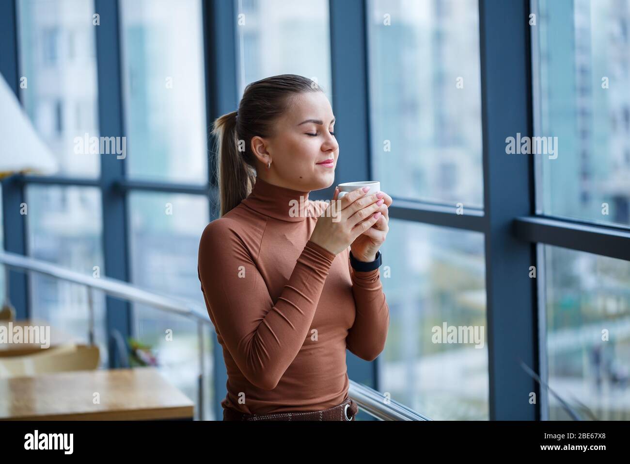 Smiling happy managing woman director thinking about her successful ...