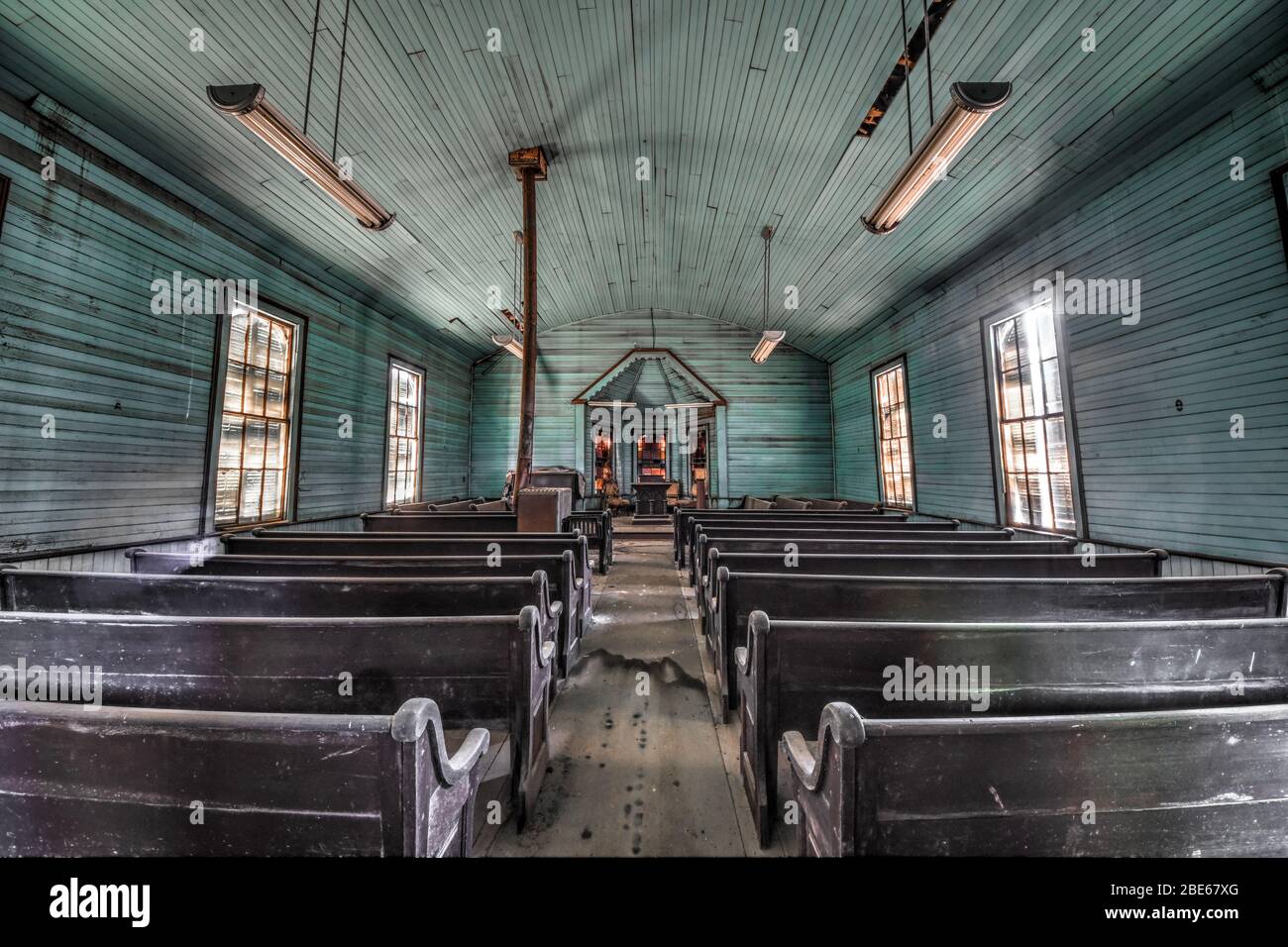 empty church pews in an abandoned southern church Stock Photo - Alamy