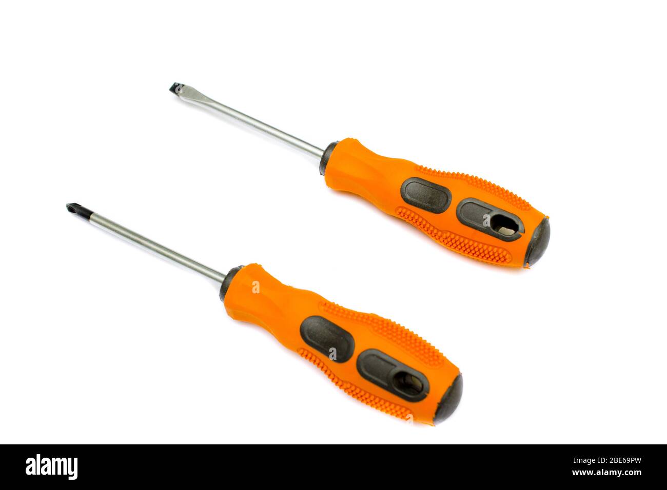 Black and orange screwdriver isolated on white background. Screw ...