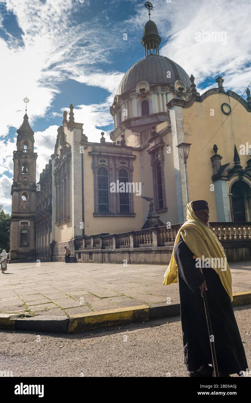 Ethiopian Orthodox Tewahedo Church monks stroll around the Holy Trinity ...