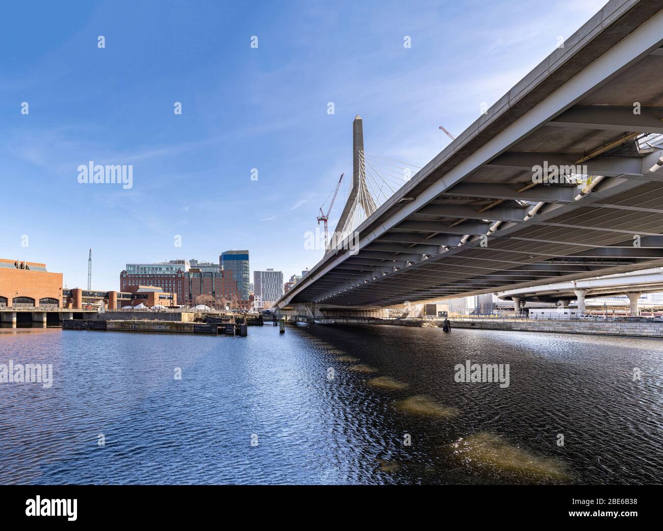 Boston Zakim bridge over Charles river around Boston bay harbor at ...