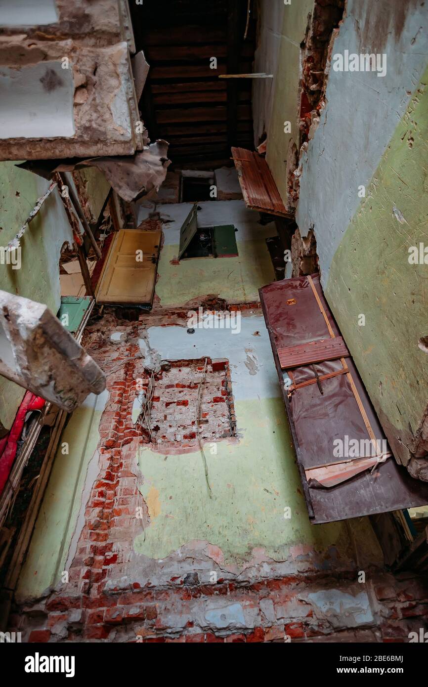 Interior of the ruined collapsed abandoned house Stock Photo - Alamy