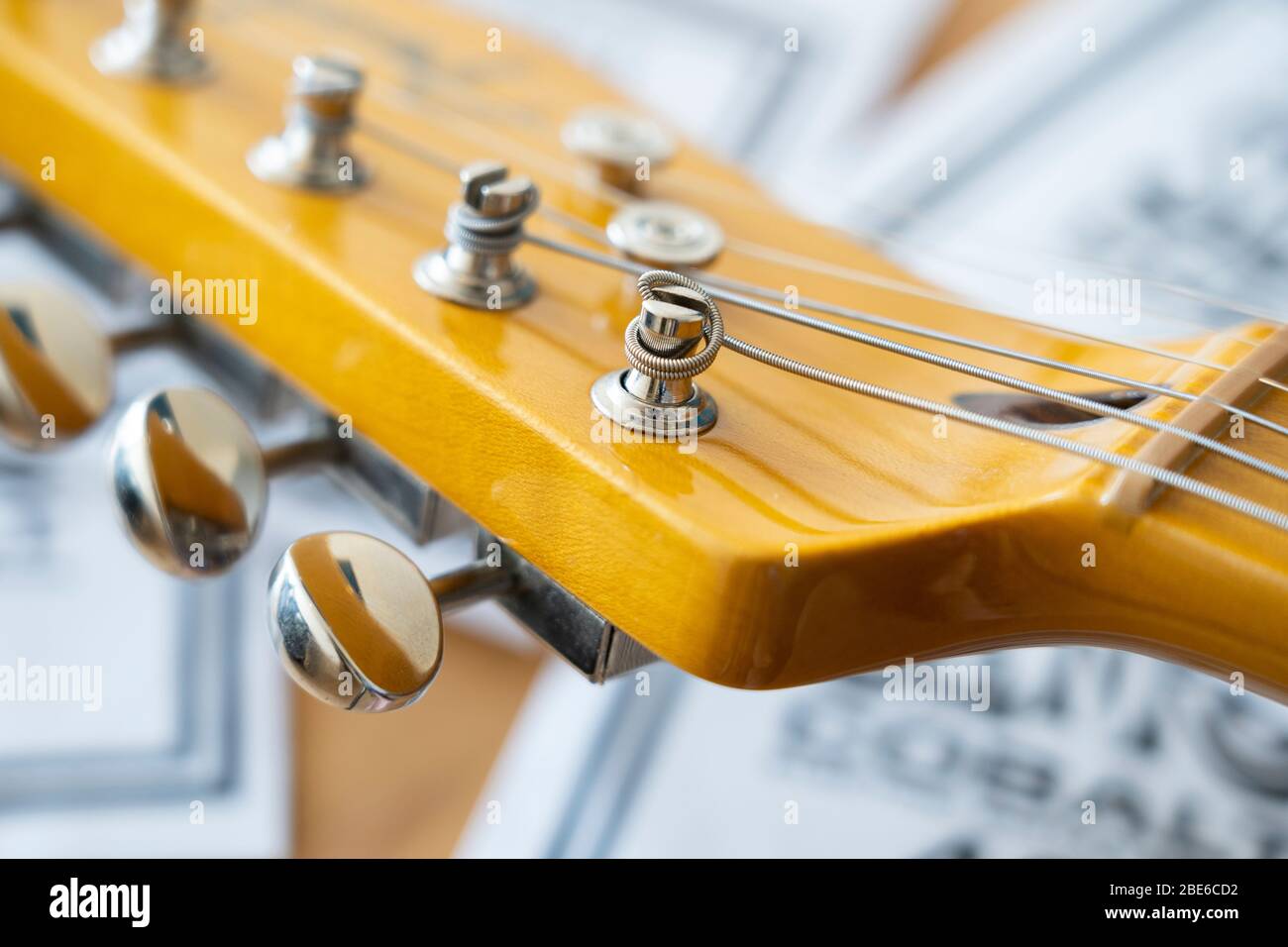 Closeup of the head of a Fender Modern Player Telecaster electric ...