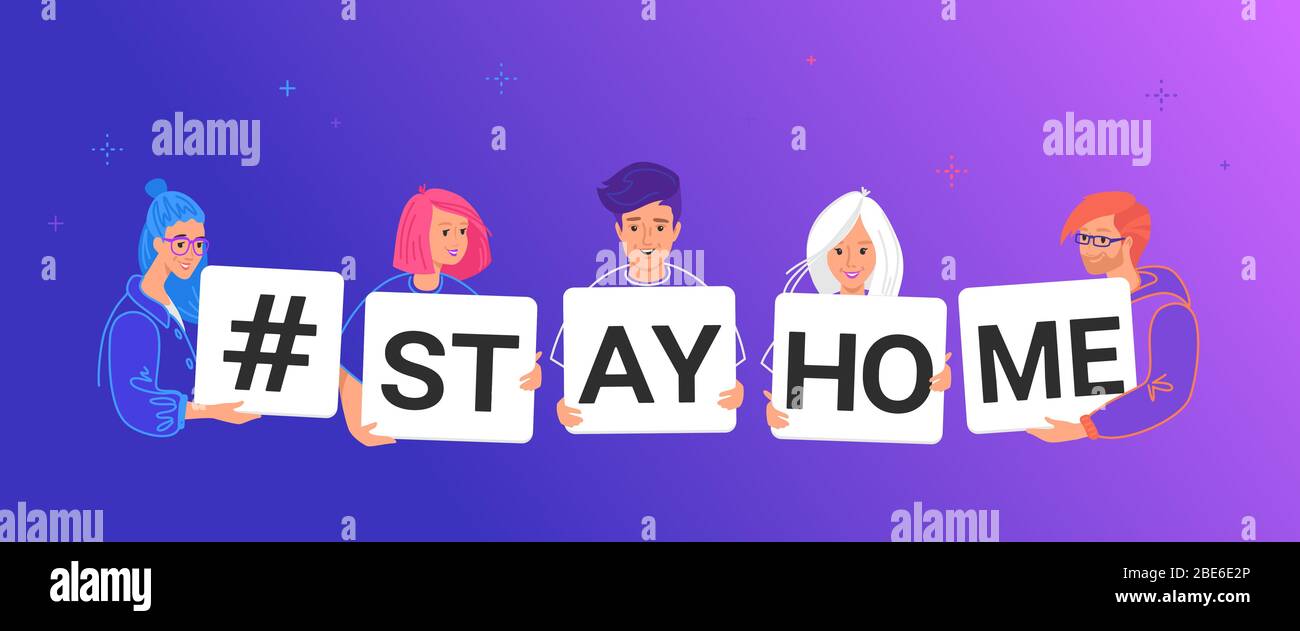 Hashtag stay home. Concept vector illustration of smiling teenage ...