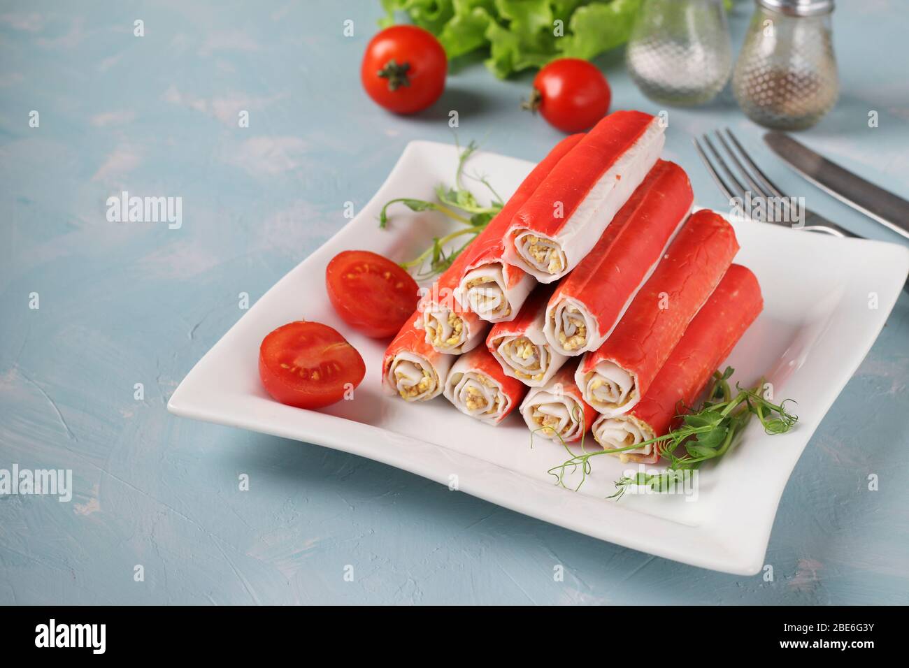 Crab sticks stuffed with cod liver and eggs, traditional festive ...