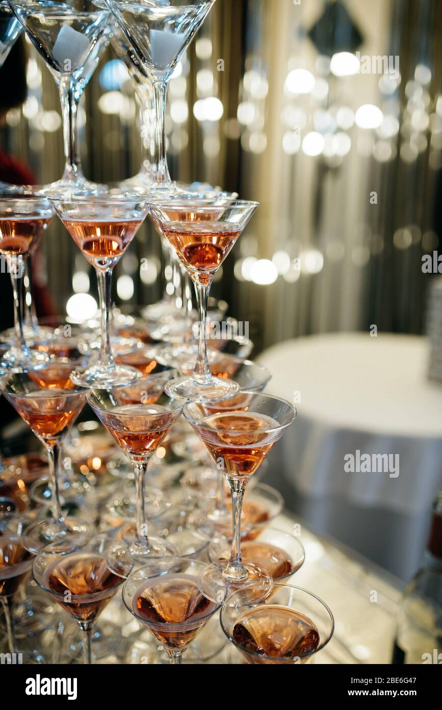 Beautiful Pyramid of Delicious Alcohol Crystal Glass with Champagne ...