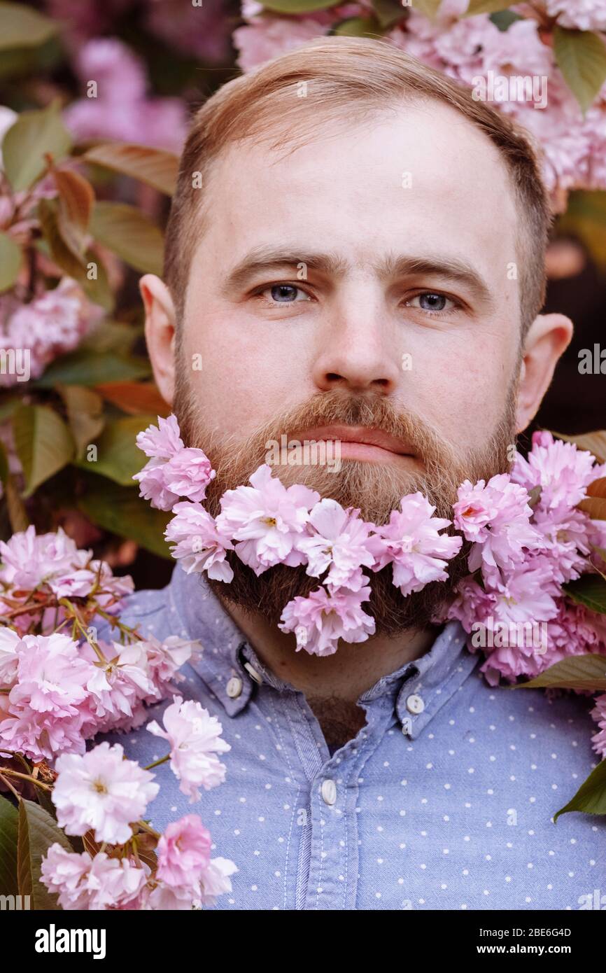 brutal bearded man in the flowering cherry trees. Handsome smiling ...