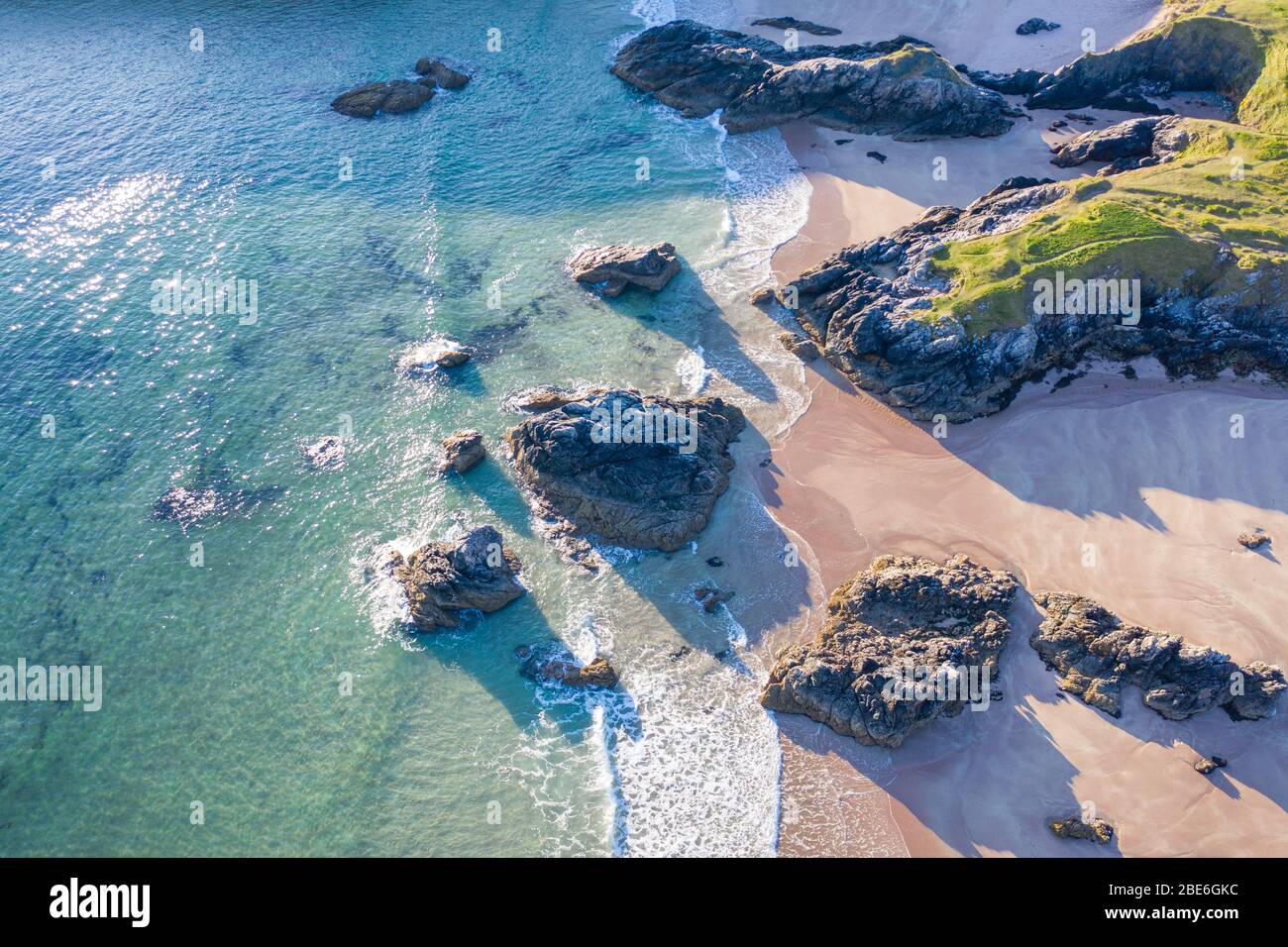 Aerial view over scenic Sango Bay in Durness. The Northwest Highlands ...