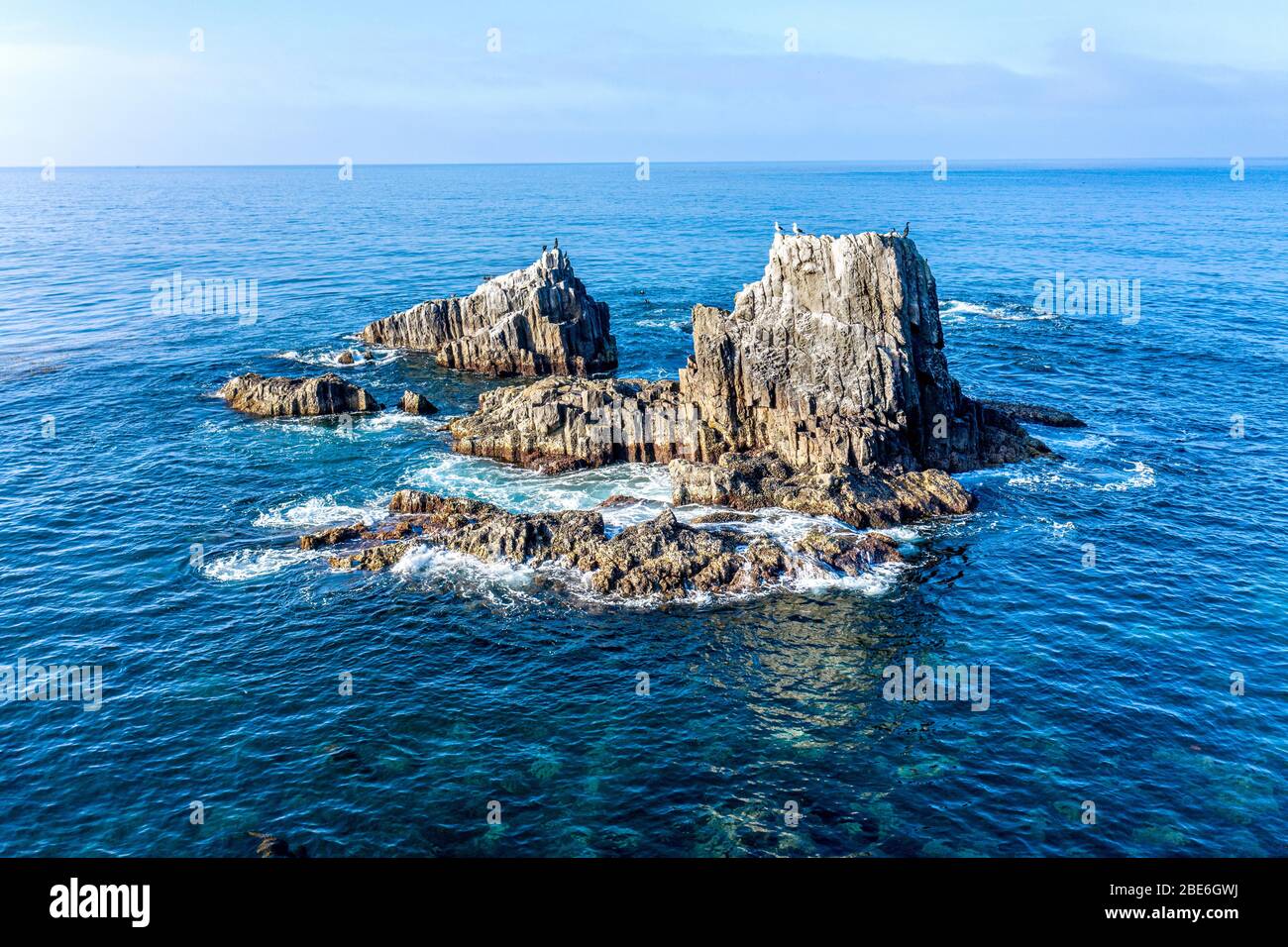 An aerial drone image of famous Seal Rocks in Laguna Beach is a ...