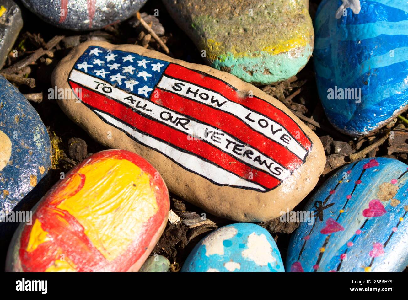 Painted rocks memorial, Talking Water Gardens, Albany, Oregon Stock ...