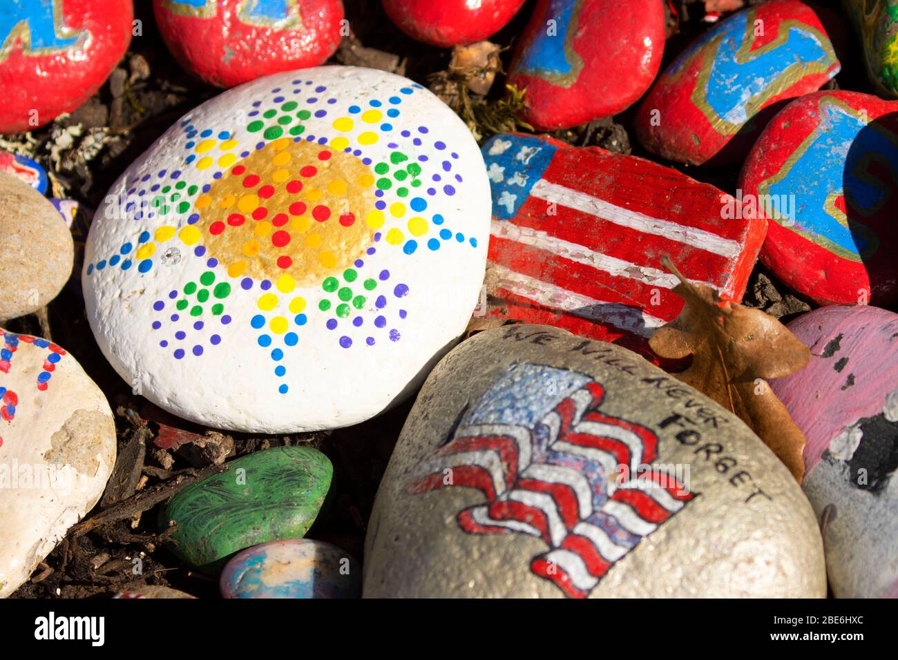 Painted rocks memorial, Talking Water Gardens, Albany, Oregon Stock ...