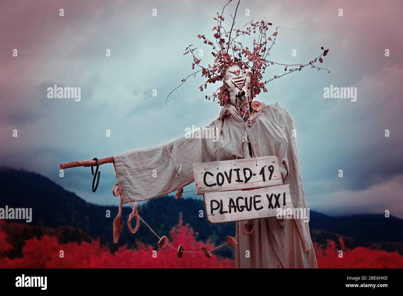 Red color painted animal scull demon Covid-2019. Danger travel ...