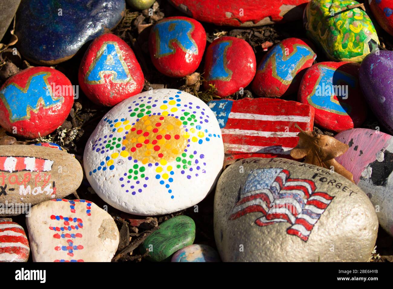 Painted rocks memorial, Talking Water Gardens, Albany, Oregon Stock ...