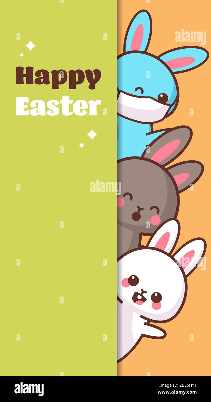 happy easter greeting card with rabbits wearing face mask to prevent ...
