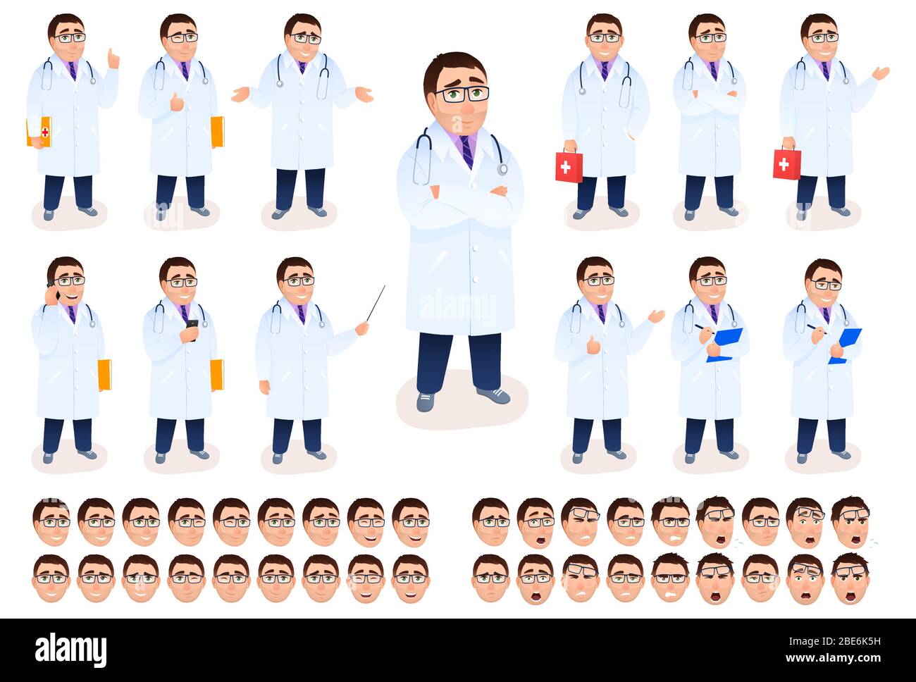 Flat male doctor character design set on white background. Young ...