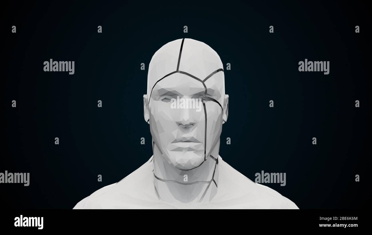Futuristic human head with collapsing face. Computer generated modern ...