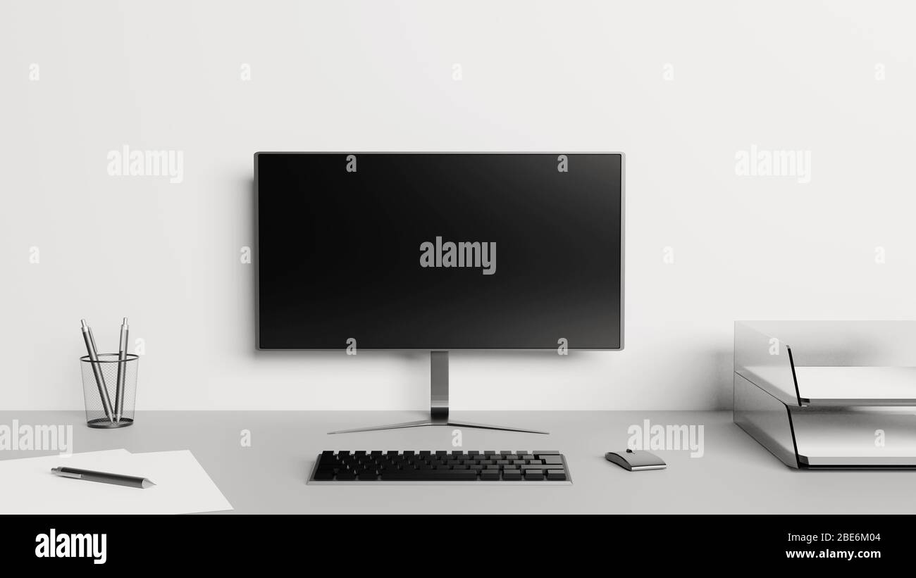 Desktop with a computer screen, keyboard, mouse, papers and pens. Home ...