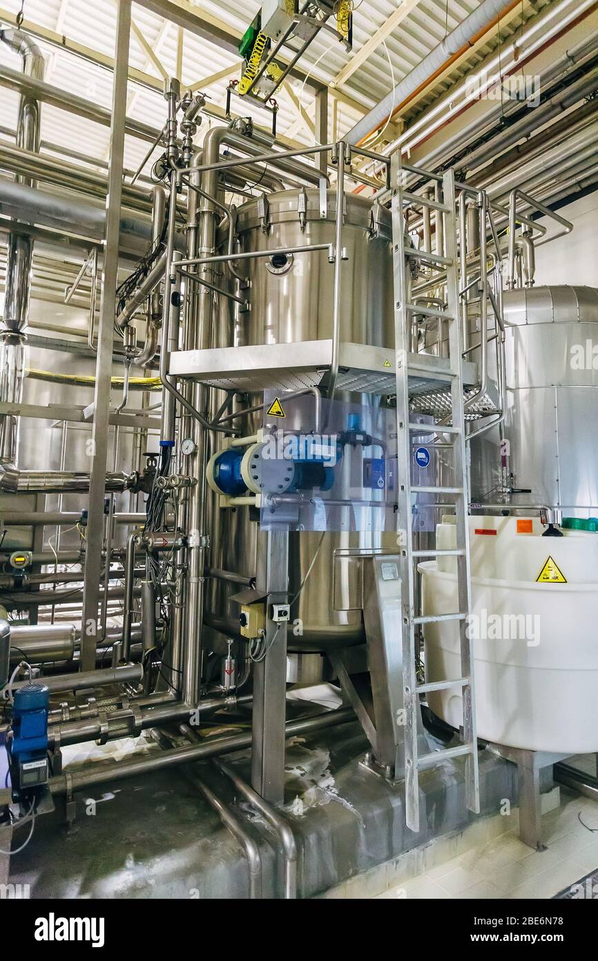 Modern brewing equipment in beer factory, steel vats for fermentation ...