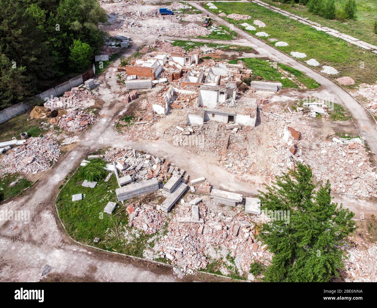 Aerial drone view of old demolished industrial building. Pile of ...