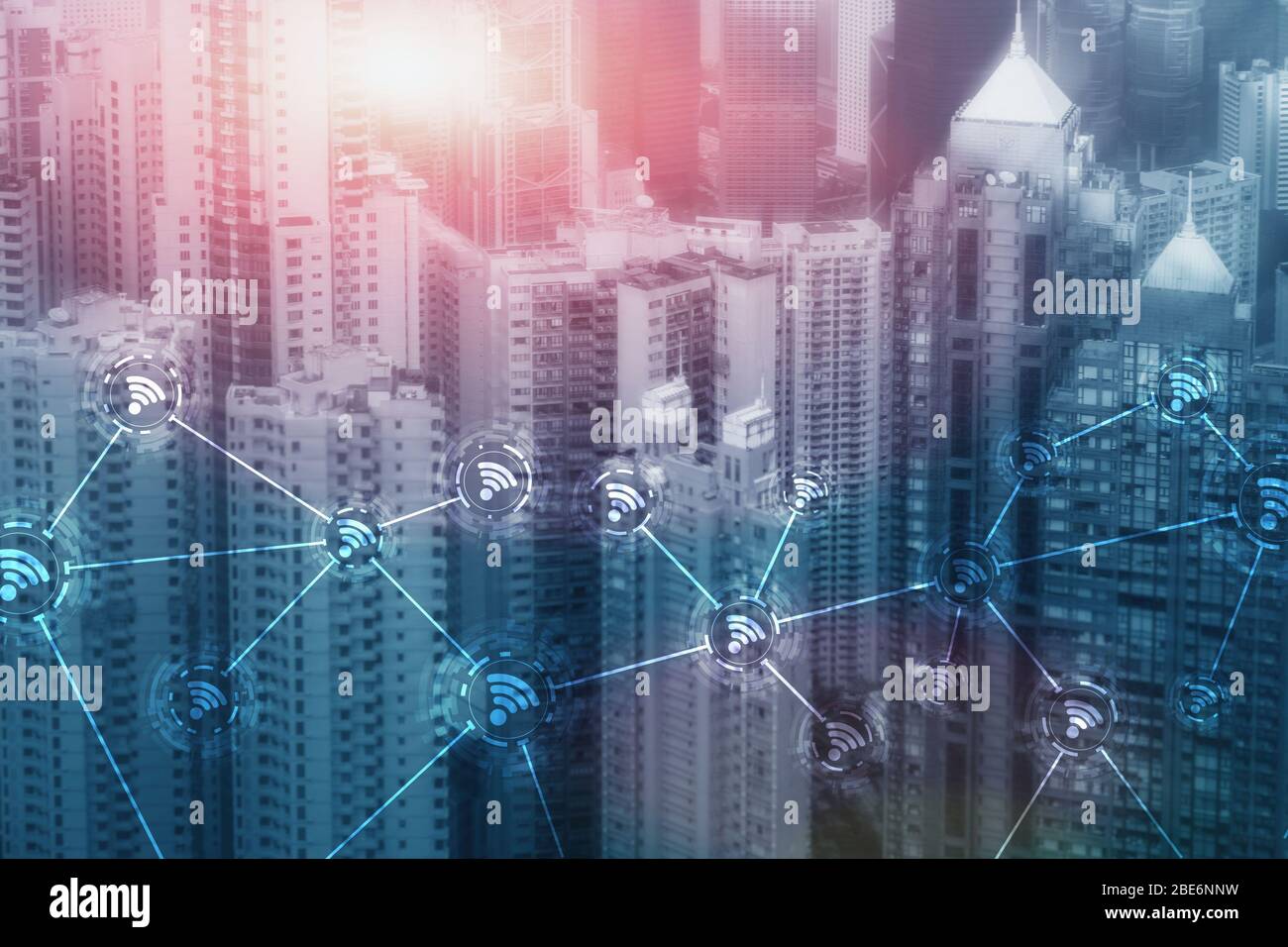 Wi-fi icon on the modern city of the future. Wireless network ...