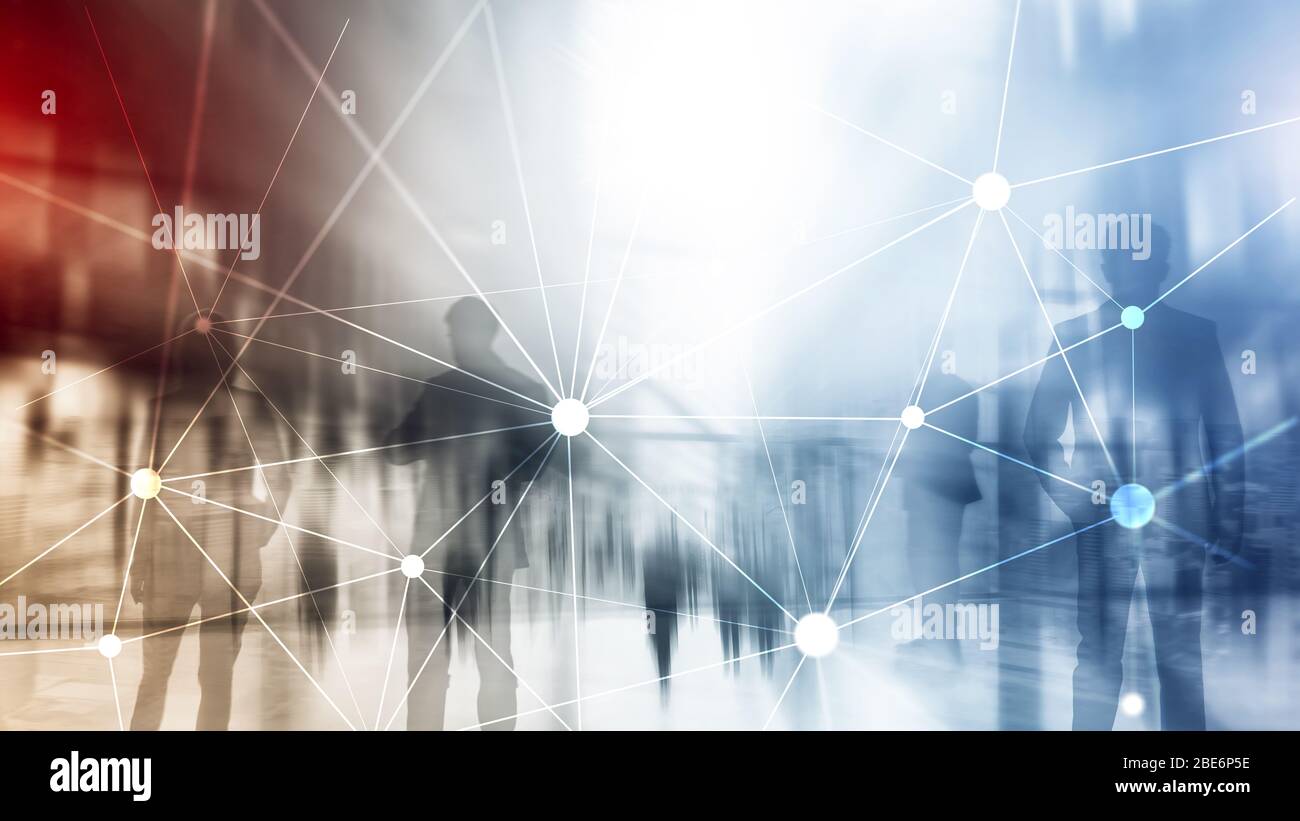 Blockchain network on blurred skyscrapers background. Financial ...