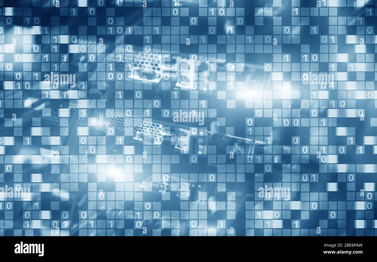 Blue Digital matrix binary code mainframe server room computing communication concept Stock ...