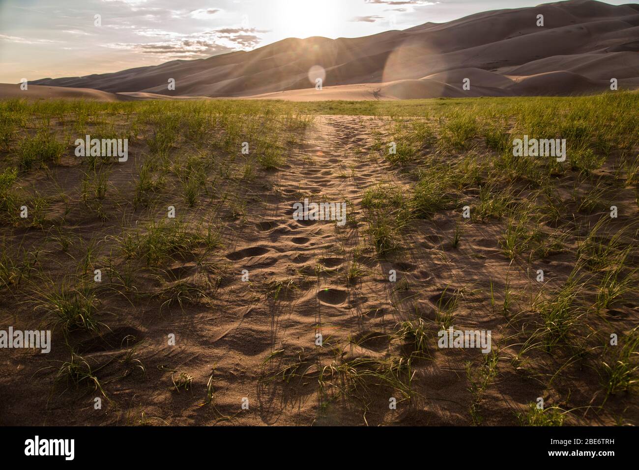 Sunset at Great Sand Dunes National Park, Colorado, USA, showing a path ...