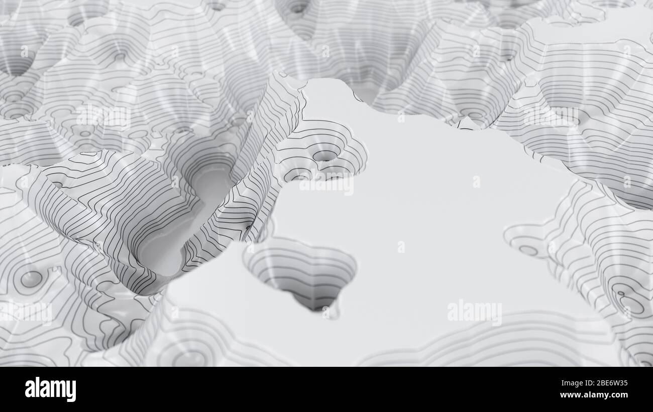 White three-dimensional topographic map. Contour lines on a topographic ...