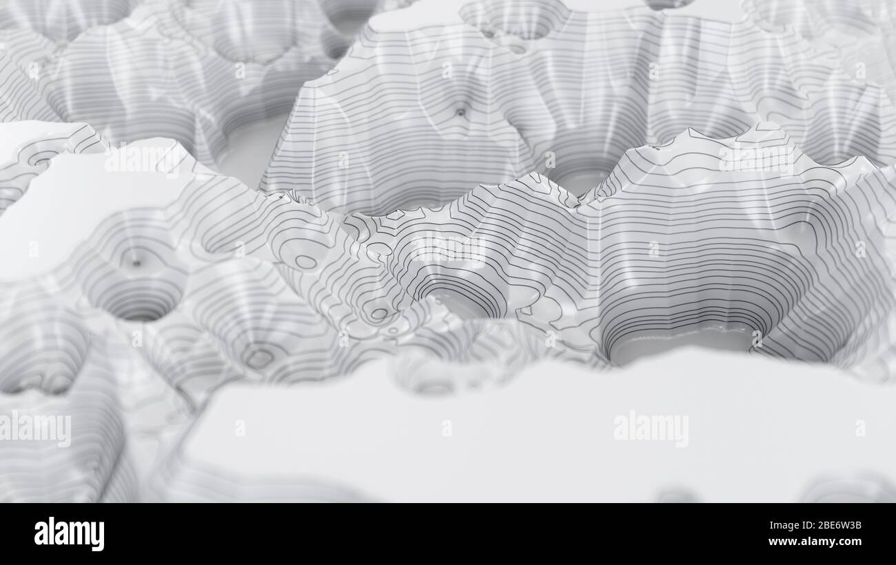 White three-dimensional topographic map. Contour lines on a topographic ...