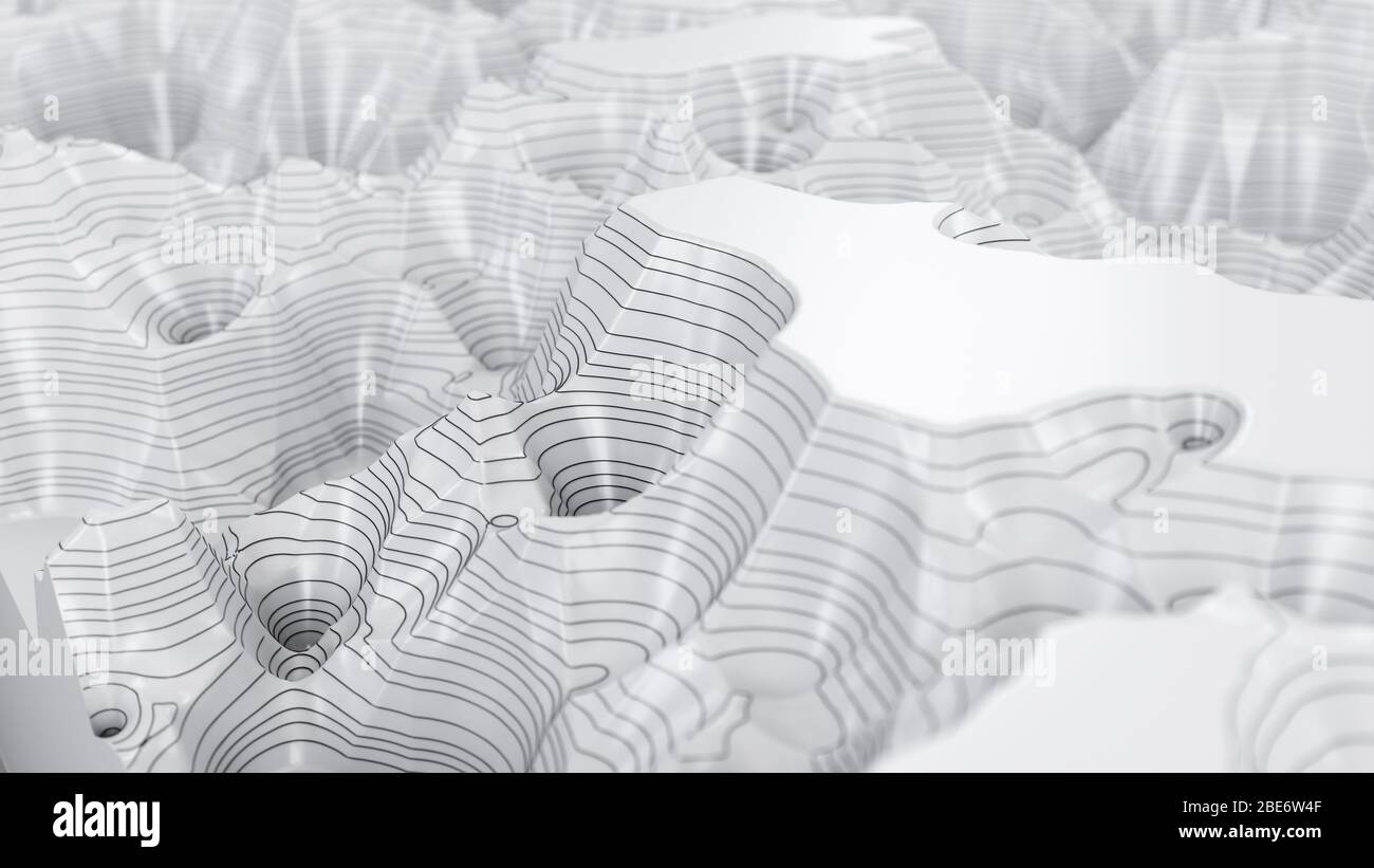 White three-dimensional topographic map. Contour lines on a topographic ...