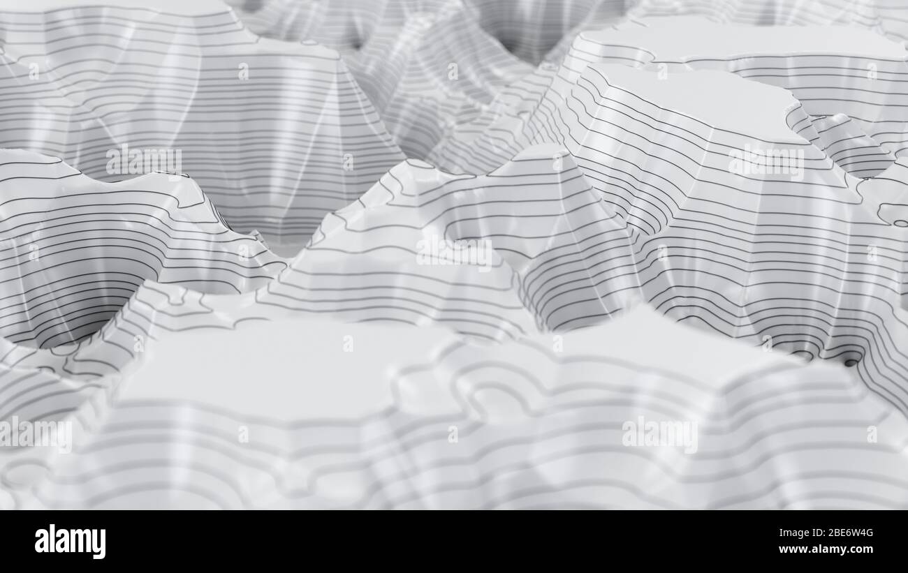 White three-dimensional topographic map. Contour lines on a topographic ...