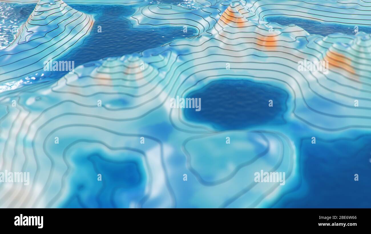 Topographic 3D map with water. Contour lines on a topographic map ...