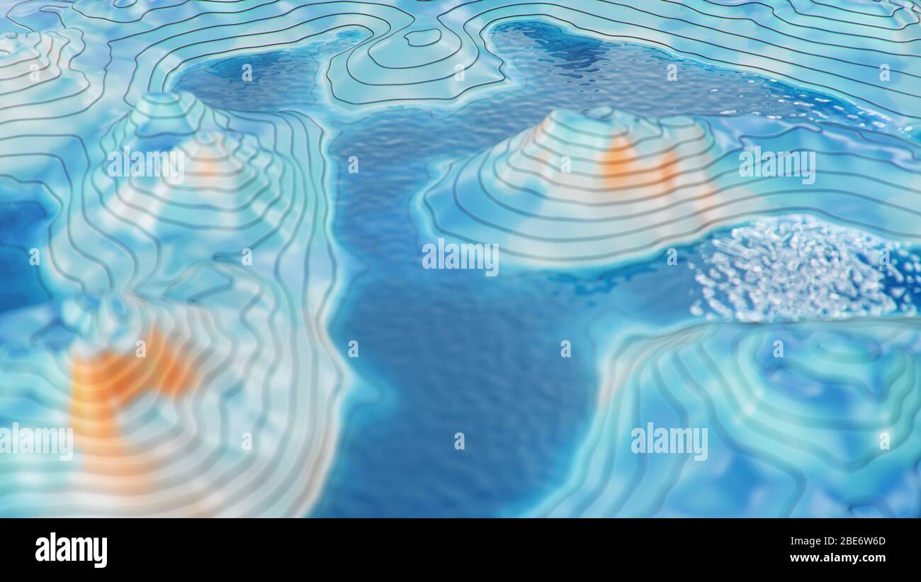 Topographic 3D map with water. Contour lines on a topographic map ...