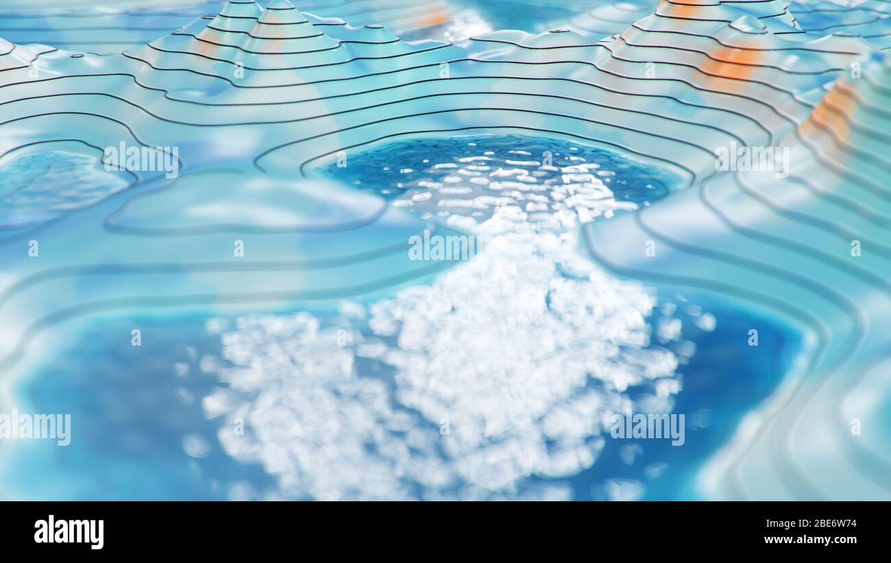 Topographic 3D map with water. Contour lines on a topographic map ...