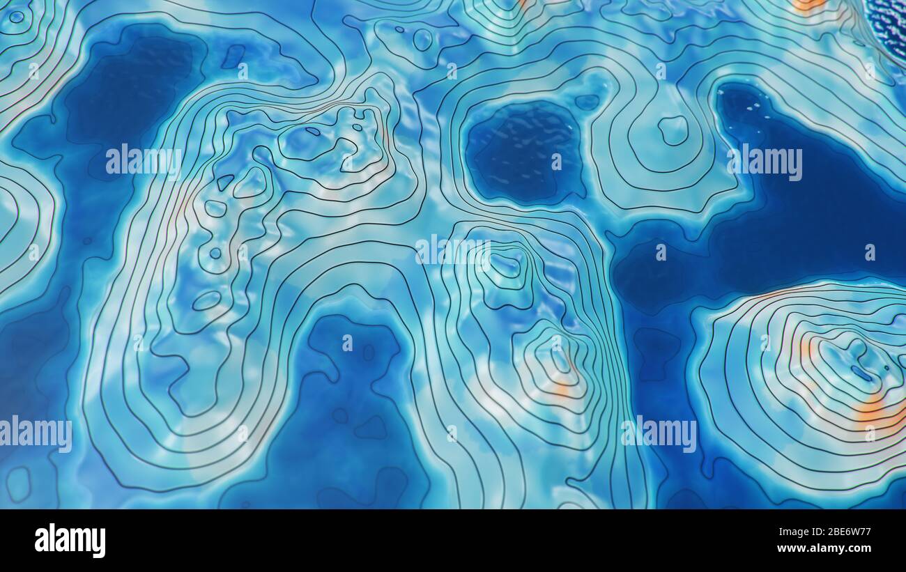 Topographic 3D map with water. Contour lines on a topographic map ...