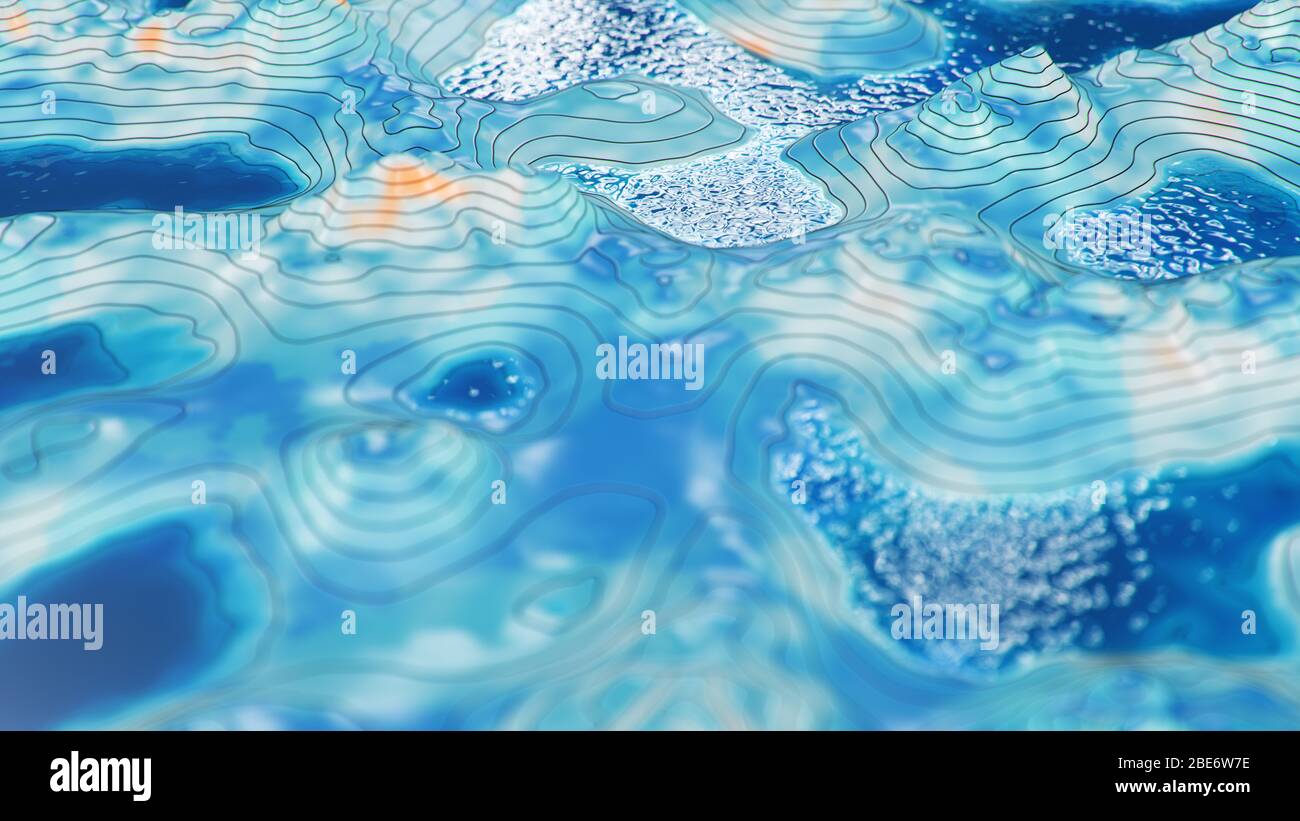 Topographic 3D map with water. Contour lines on a topographic map ...