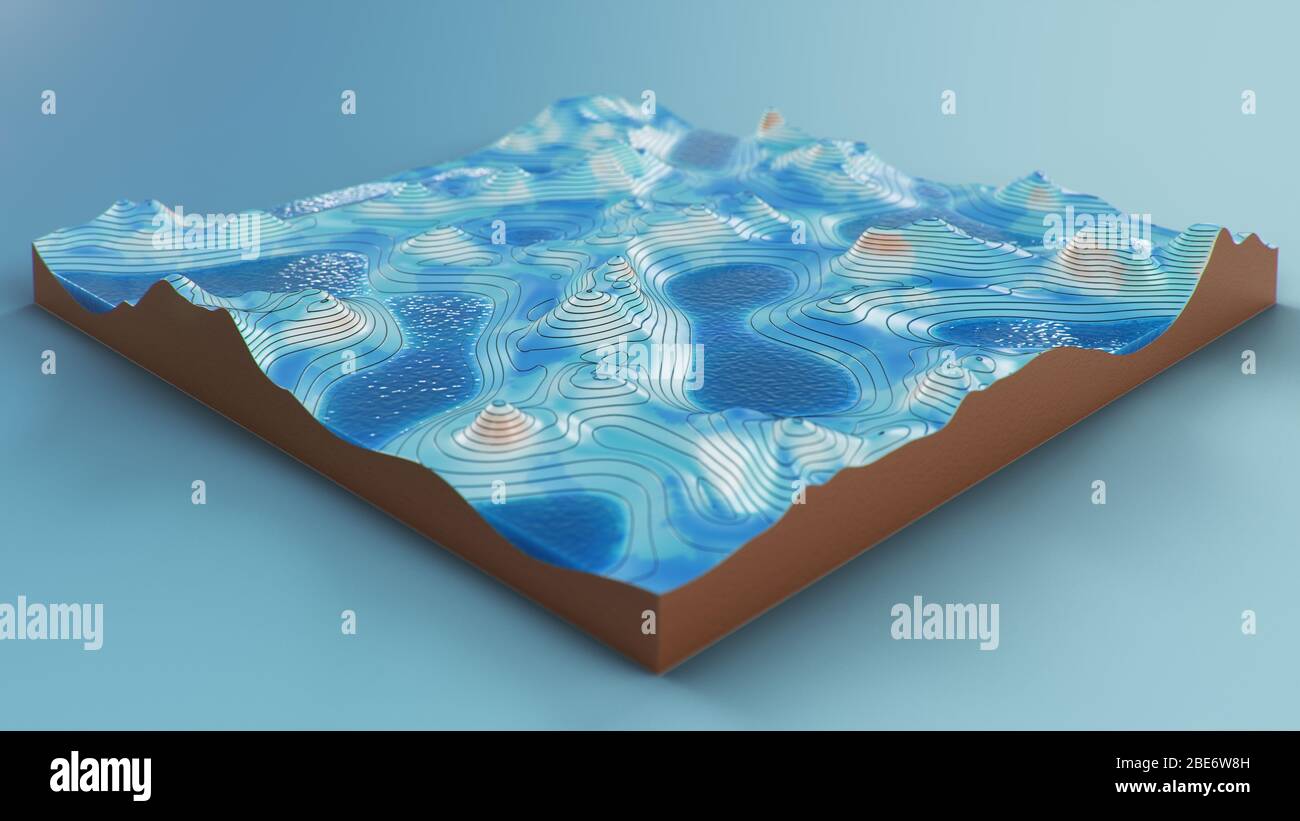 Cross section topographic 3D map with water. Contour lines on a ...