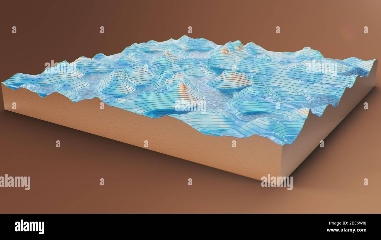 Cross section topographic 3D map with water. Contour lines on a ...