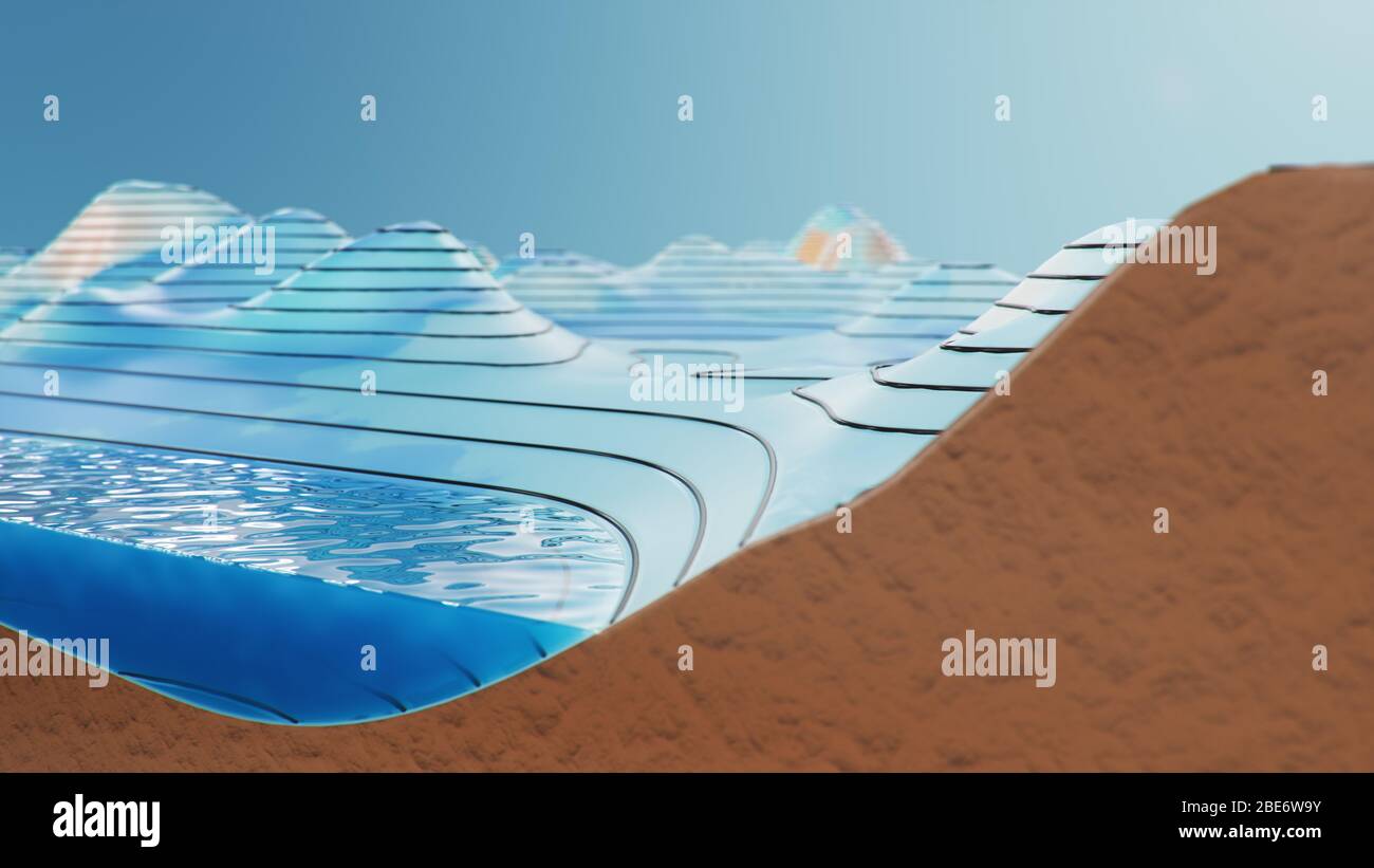 Topographic 3D map with water. Contour lines on a topographic map ...
