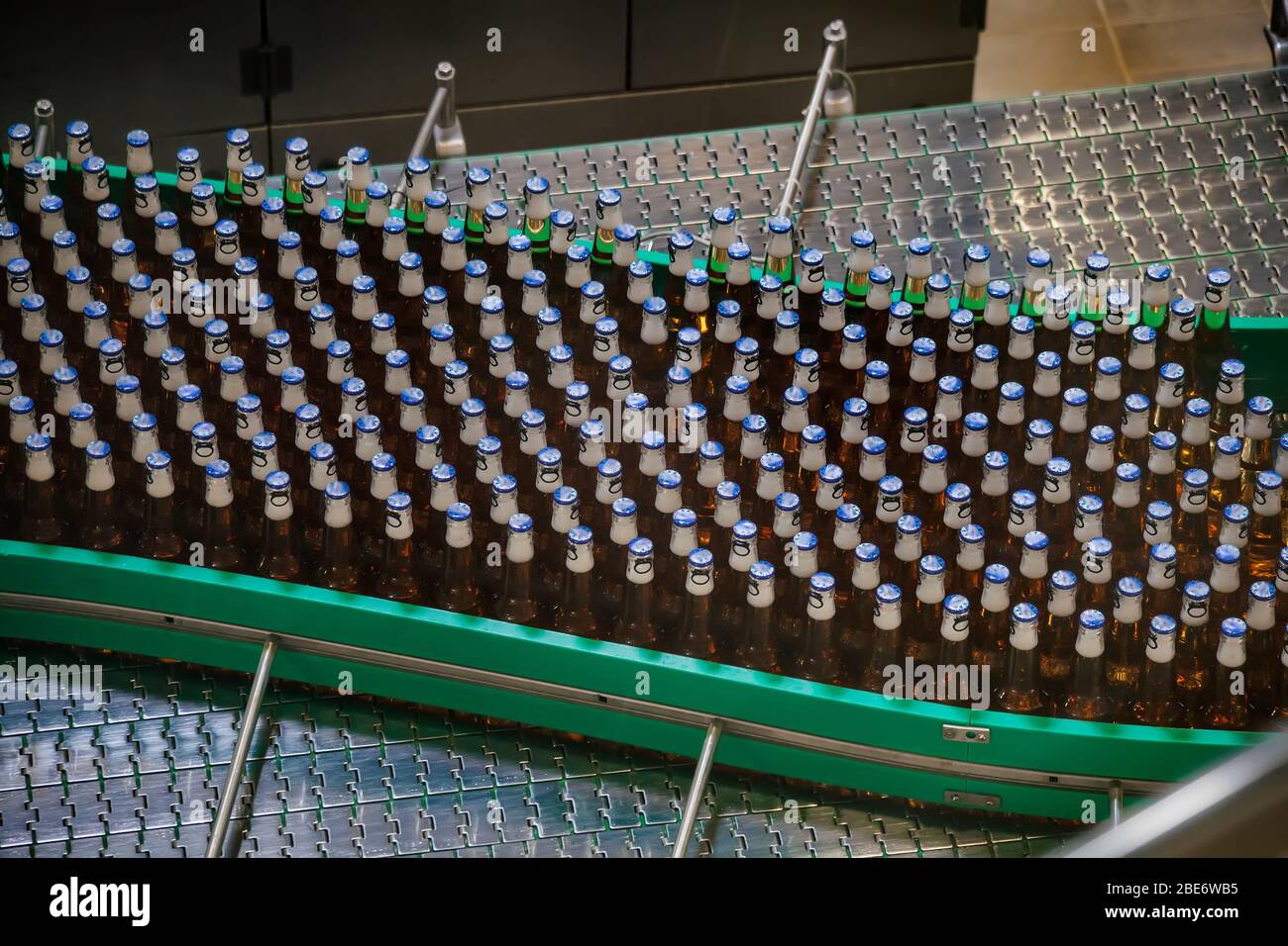 Modern automated beer bottling production line. Beer bottles moving on ...