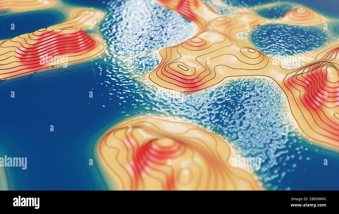 3d illustration topographic 3D map with water. Contour lines on a ...